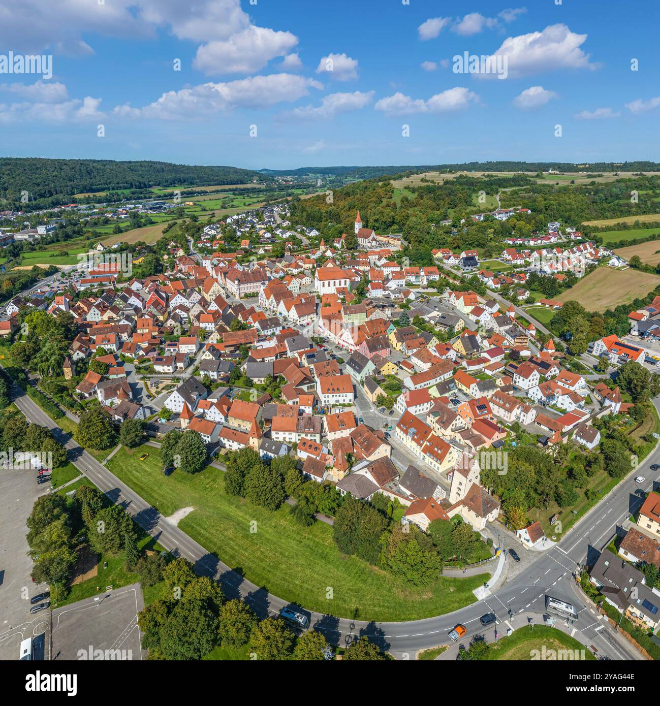 Aerial view of the town of Greding in the Altmühltal Nature Park in ...