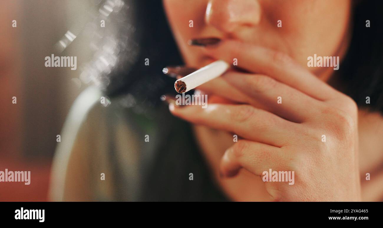 Smoking, home and hands of woman with cigarette for nicotine, tobacco ...
