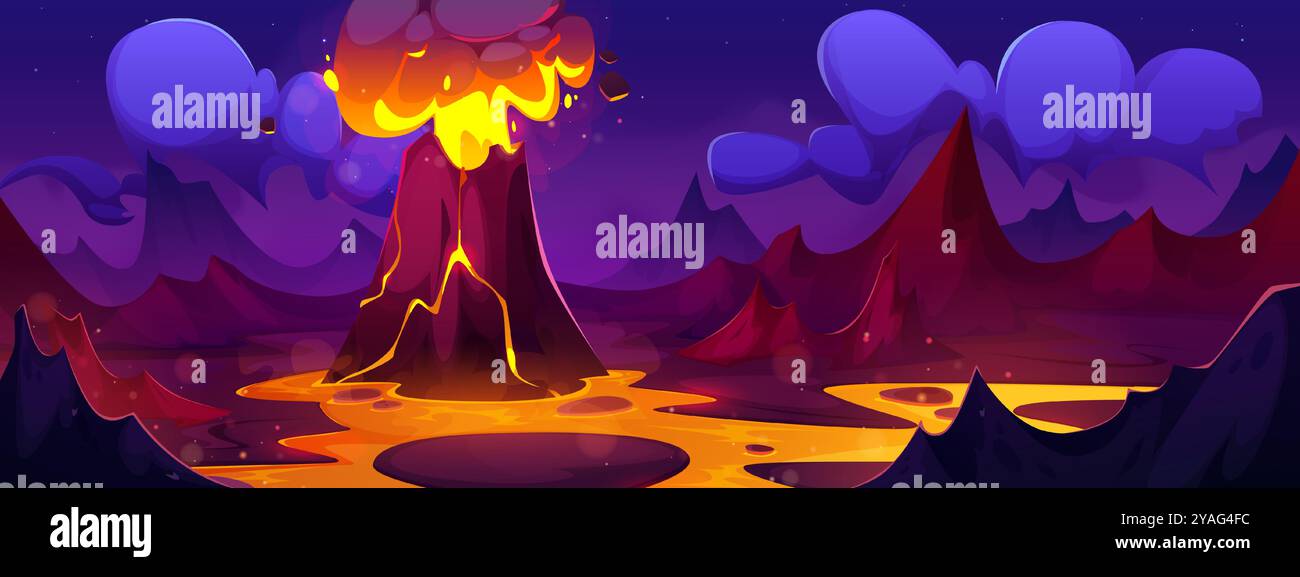 Volcanic lava erupt landscape. Prehistoric active volcano mountain ...