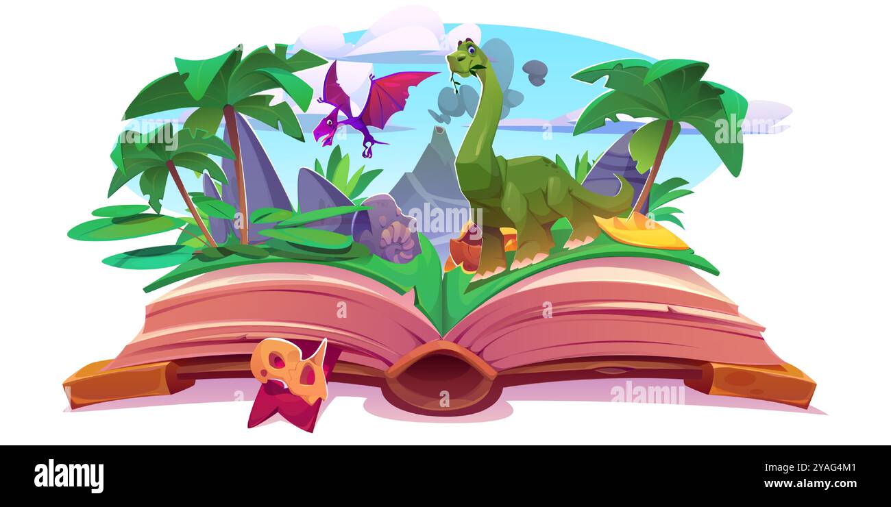 Open book with dinosaurs on jungle landscape. Vector cartoon ...
