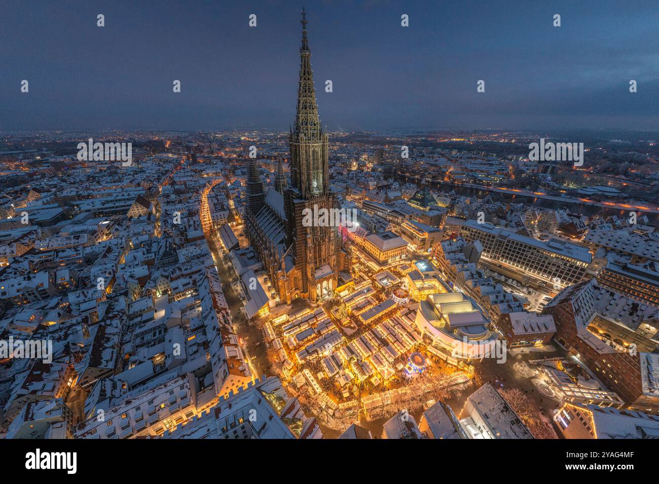 Aerial view of Ulm, Ulm Minster and the snow-covered Christmas market ...