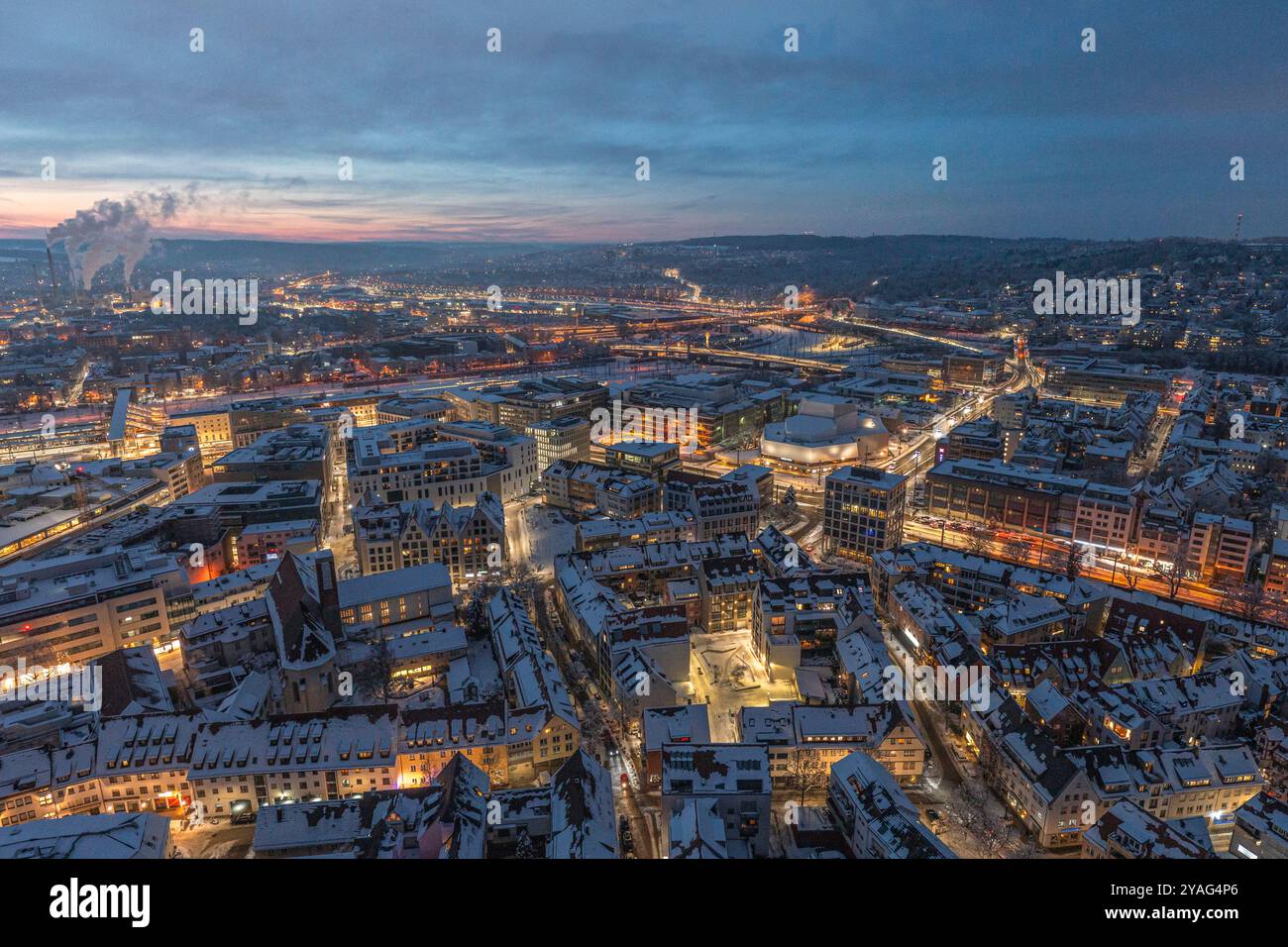 Aerial view of Ulm, Ulm Minster and the snow-covered Christmas market ...