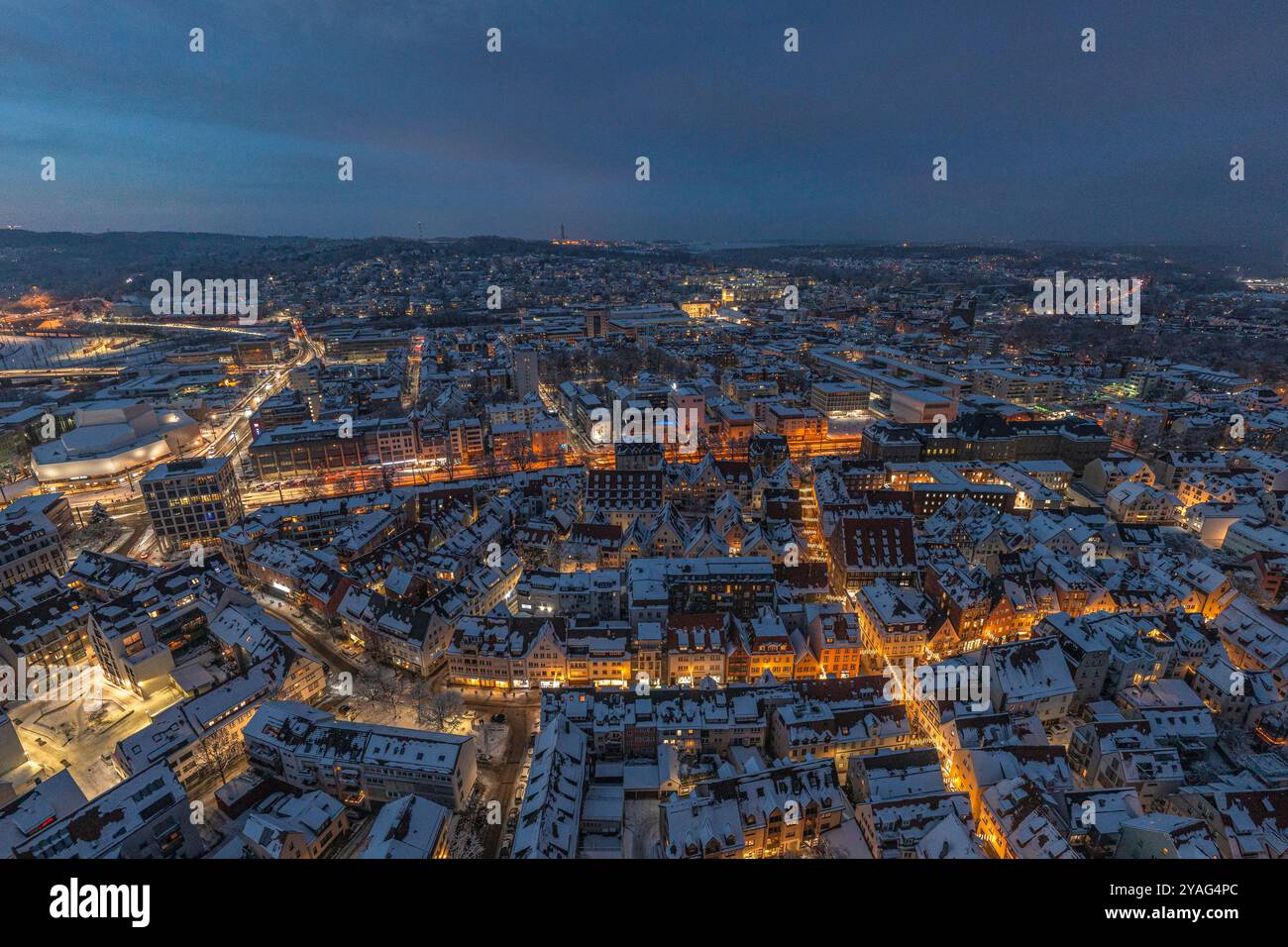 Aerial view of Ulm, Ulm Minster and the snow-covered Christmas market ...