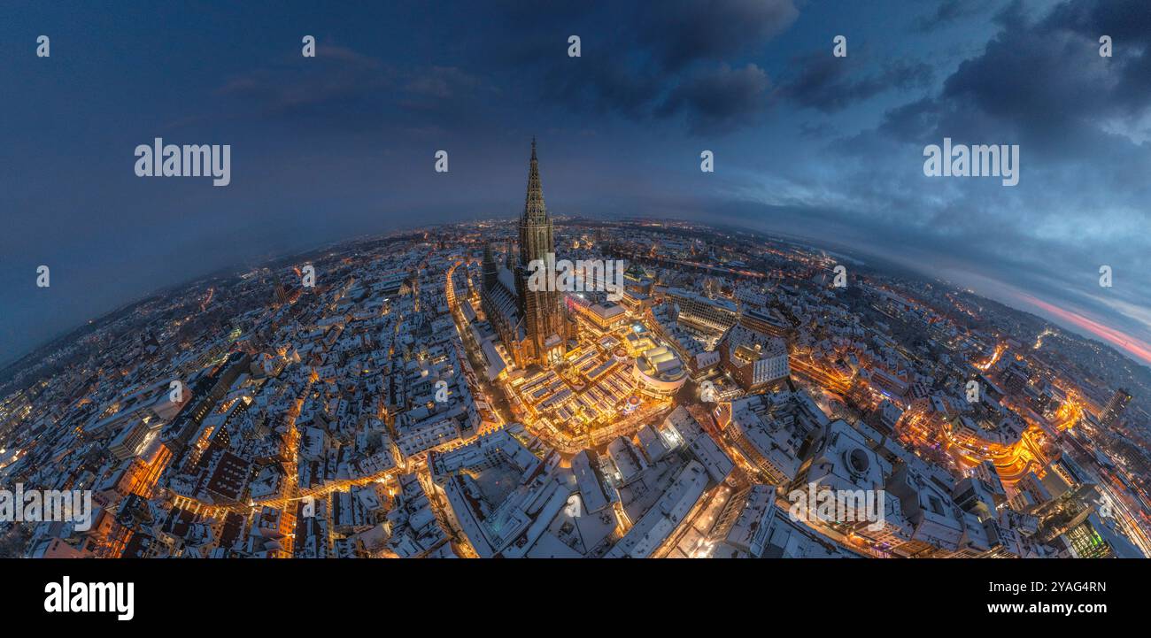Aerial view of Ulm, Ulm Minster and the snow-covered Christmas market ...