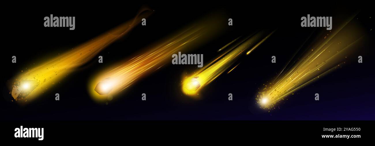 Comet or asteroid fire light trail in space vector. Meteorite fall with ...