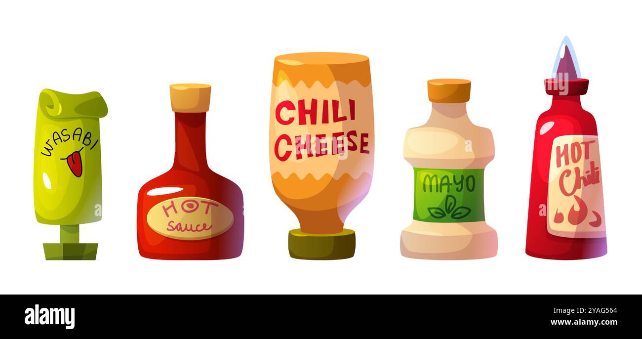 Tasty seasoning sauces in plastic and glass bottle and tube - hot chili and spicy cheese ...