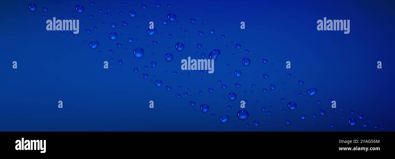 Water droplets on dark blue glossy surface. Background with diagonal ...