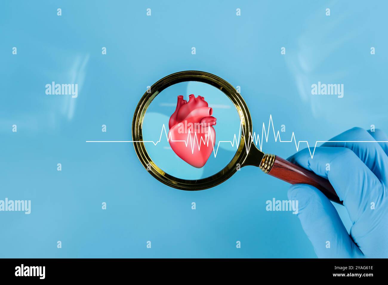 Doctor hand holding magnifying glass focus heartbeat icon on blue ...