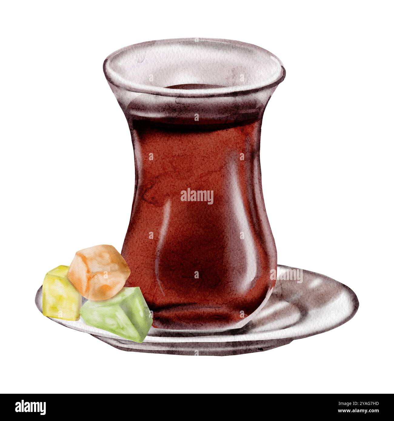 Turkish tea. A glass of tea and a saucer. Multi-colored lukkum. Turkish dessert. Color drawing ...