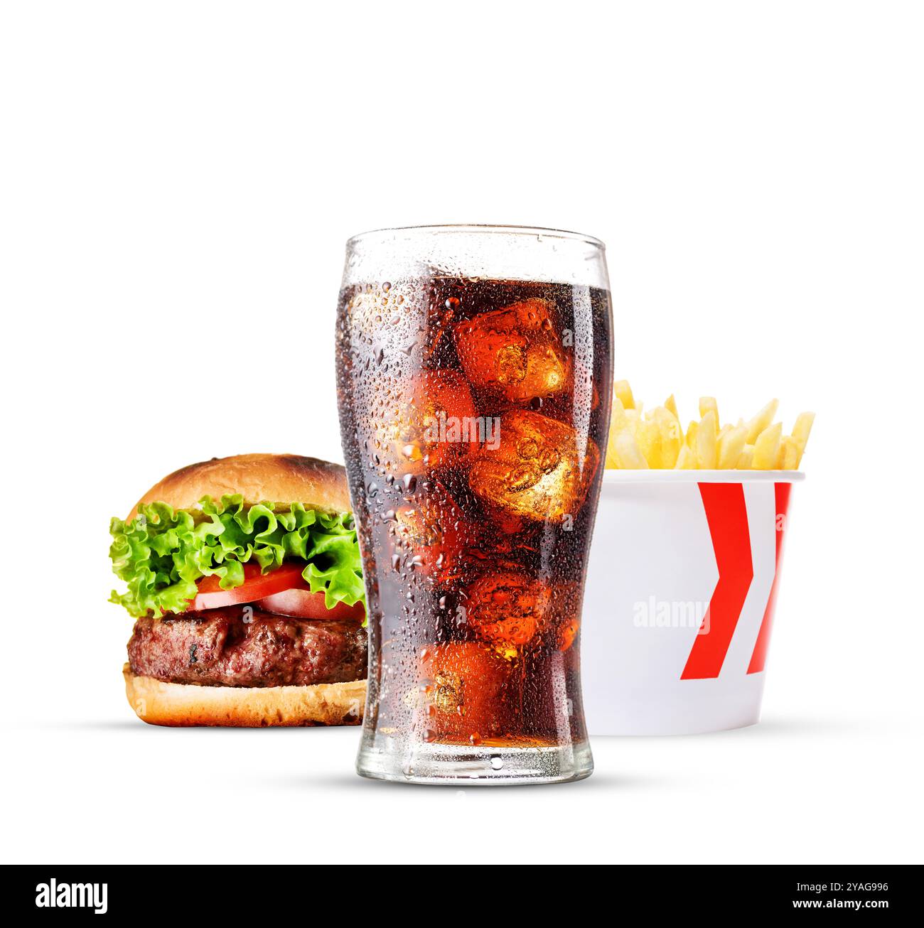 A classic trio of cola, French fries, and a hamburger isolated on a ...