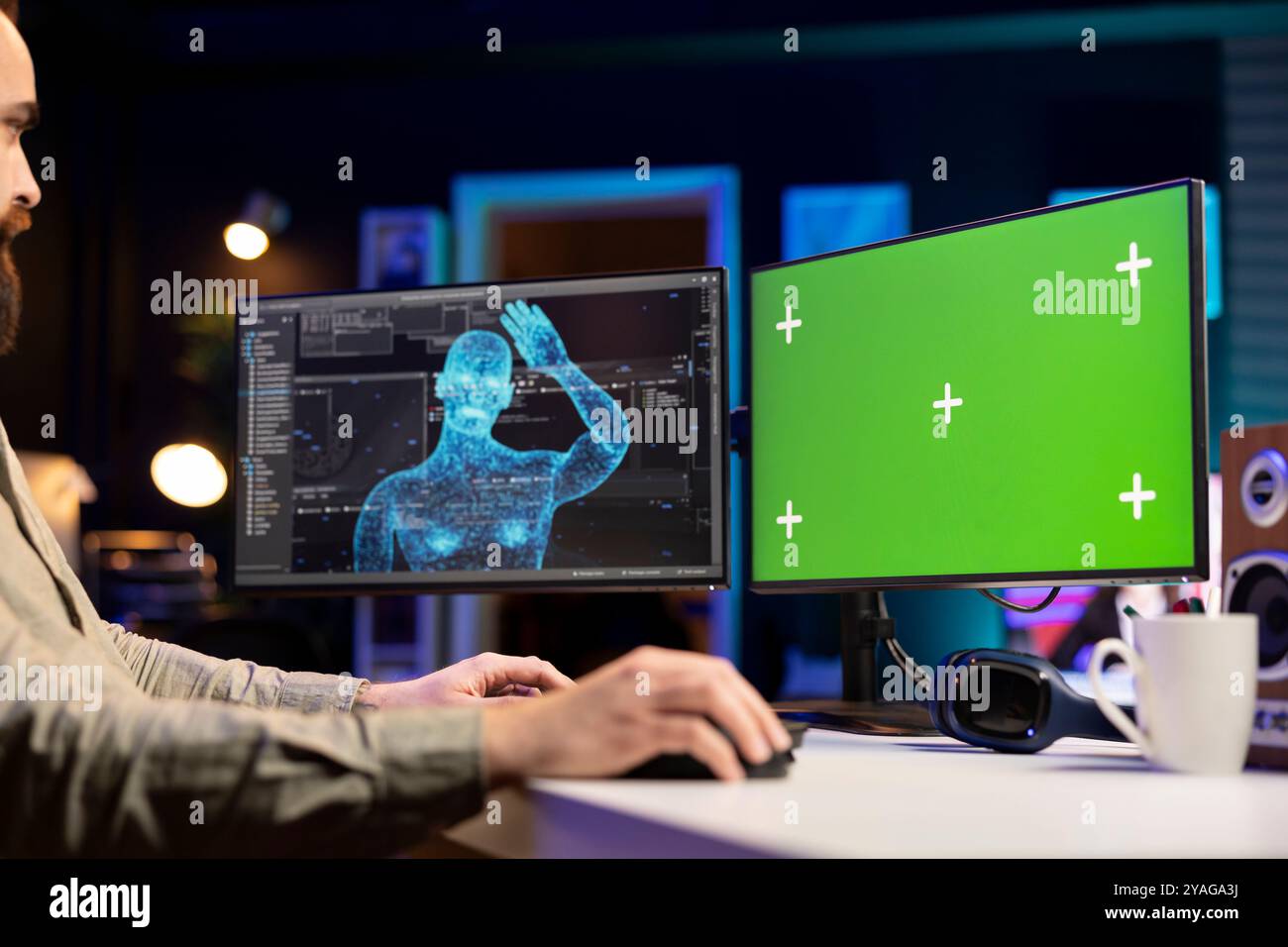Self aware AI gaining humanoid form inside green screen computer, waving hand, saluting ...
