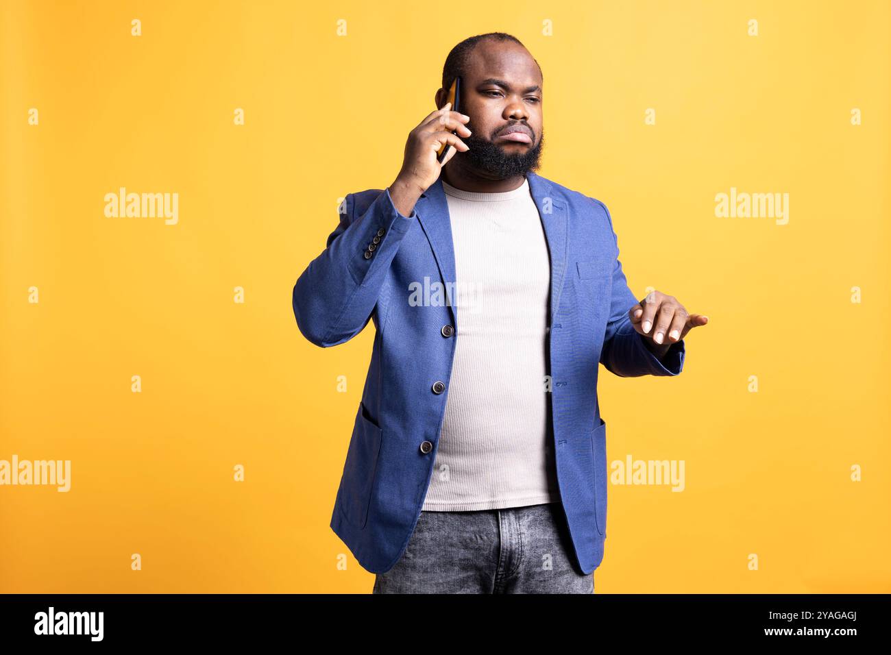 Sad man having pouting face after arguing with friends during phone ...