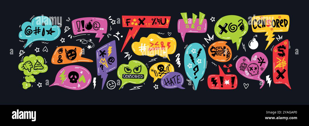 Hand drawn doodle colorful speech bubbles with swearwords, insults ...
