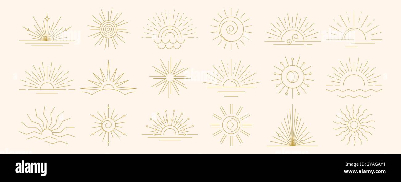 Vector set of linear boho sunrise logo, sunset symbols and sun rays ...