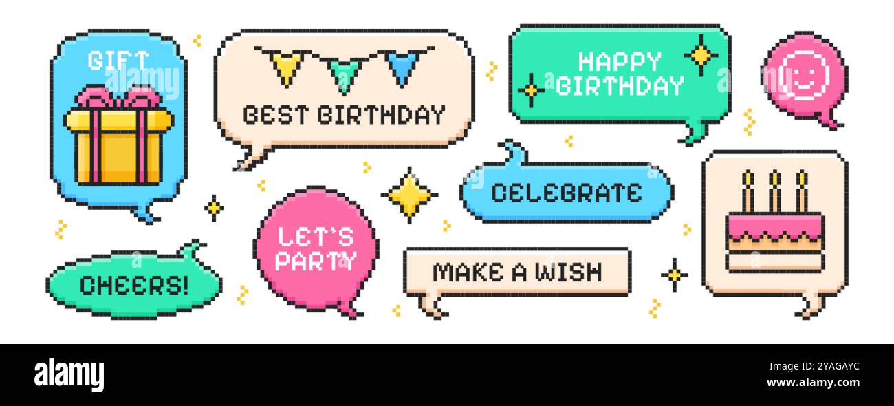 Pixel art happy birthday element set. Y2k trendy pixelated speech ...