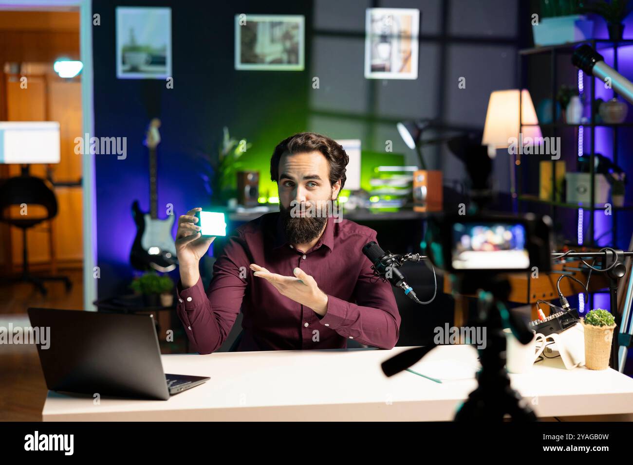 Influencer endorsing mini led lights from sponsor during live broadcast ...