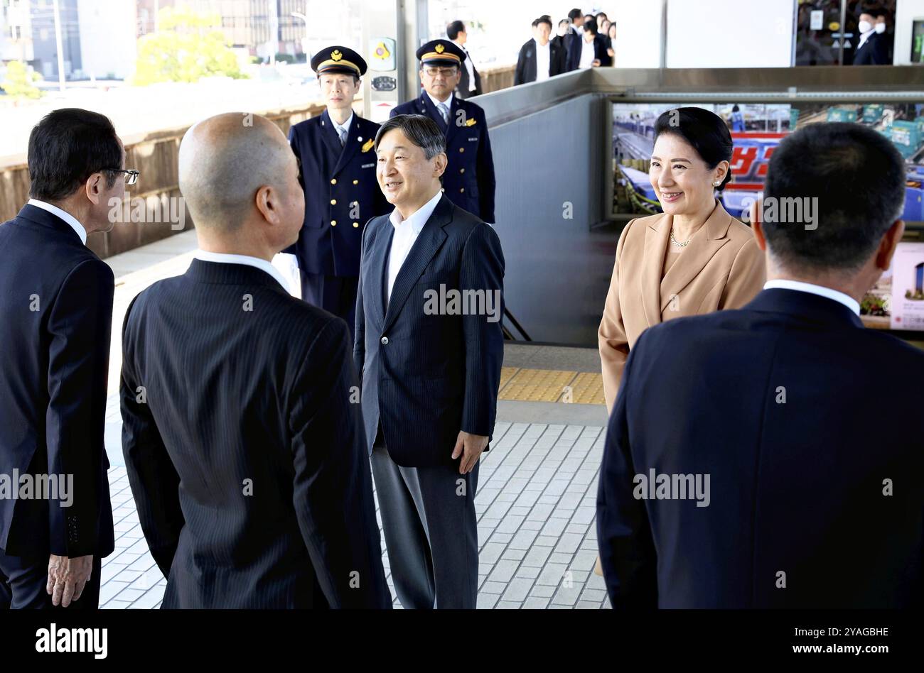 Japan's Emperor Naruhito and Empress Masako arrive at JR Gifu-Hashima Station in Hashima City ...