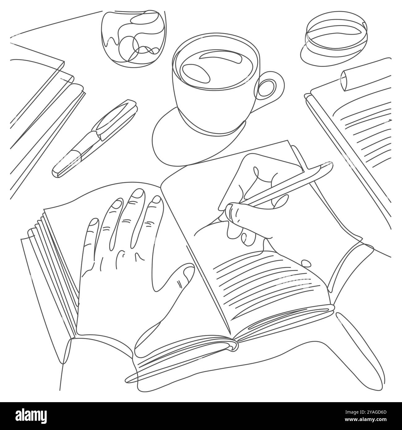 A single continuous line drawing of a hand gesture writing on an open ...