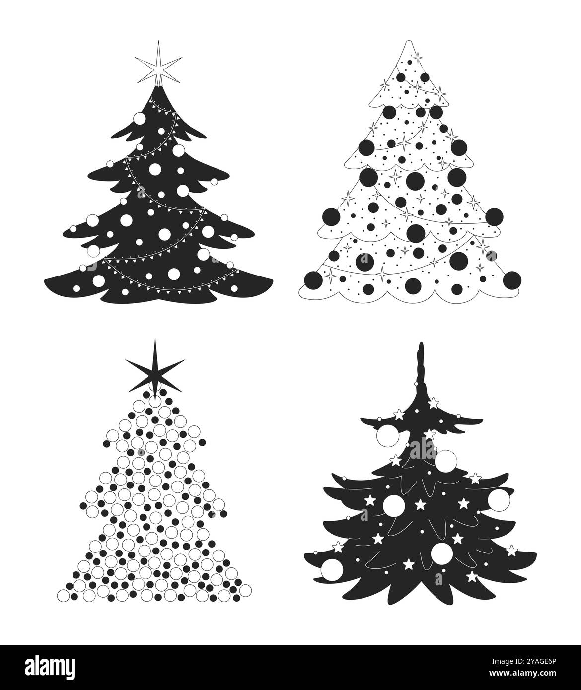Baubles Christmas trees with stars sparkling black and white 2D line objects set Stock Vector ...