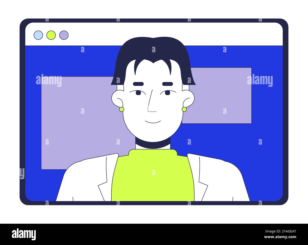 Casual smart asian male teleworker tablet computer screen 2D cartoon ...