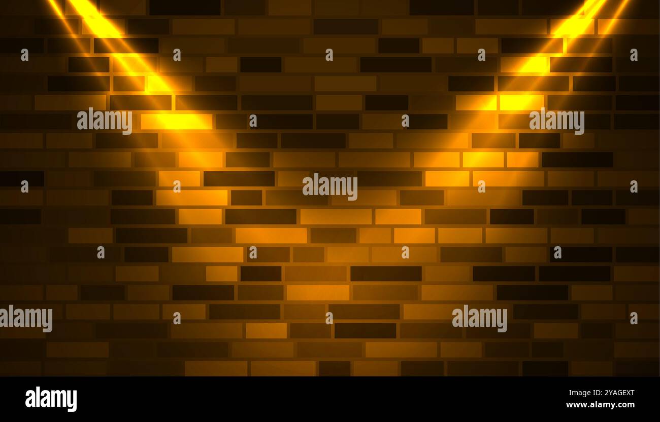 brick wall background with shiny golden spotlight effect vector Stock ...