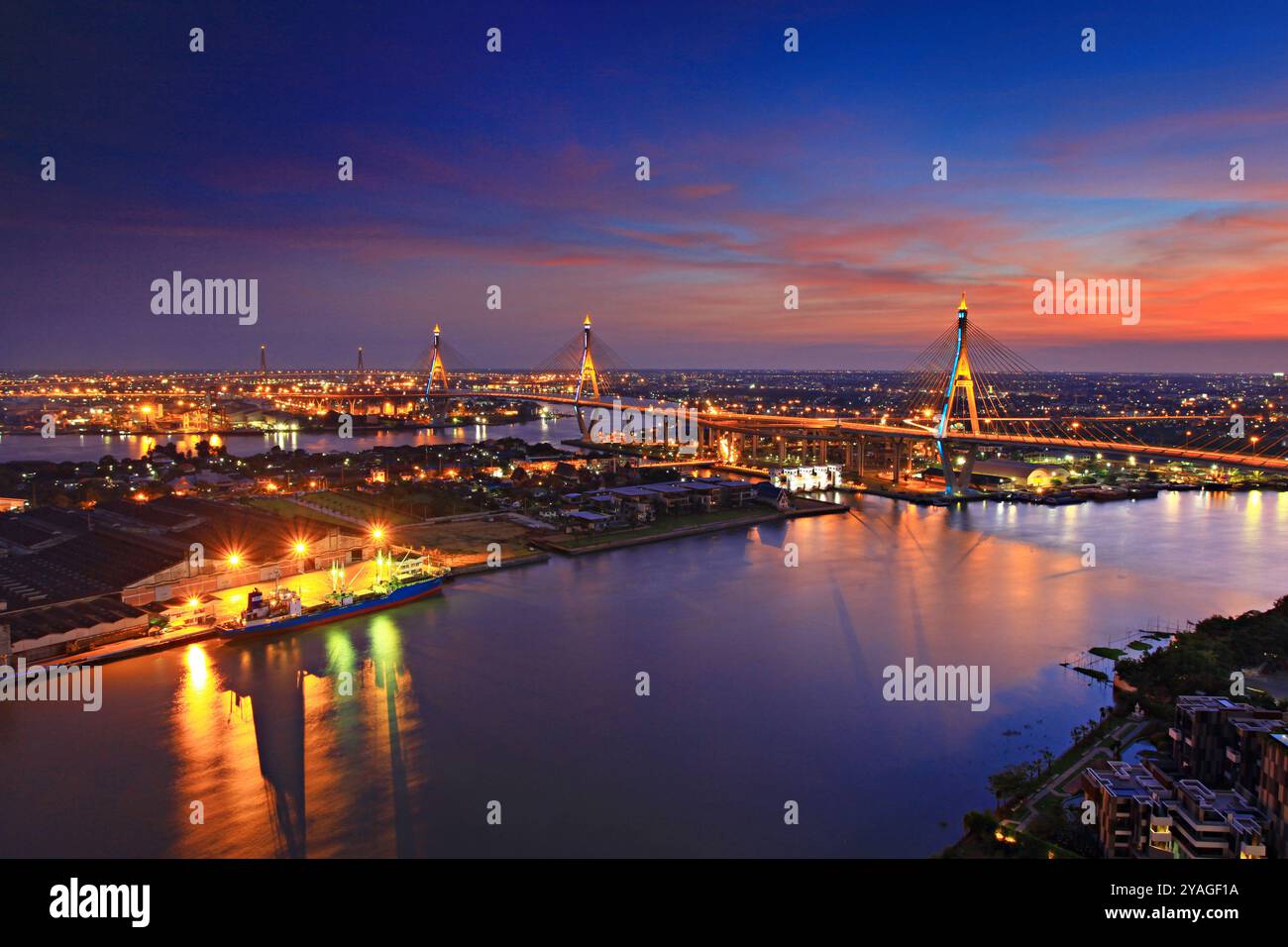 The aerial view of Bhumibol Bridge, designed by King Rama IX to solve traffic problems Bangkok ...