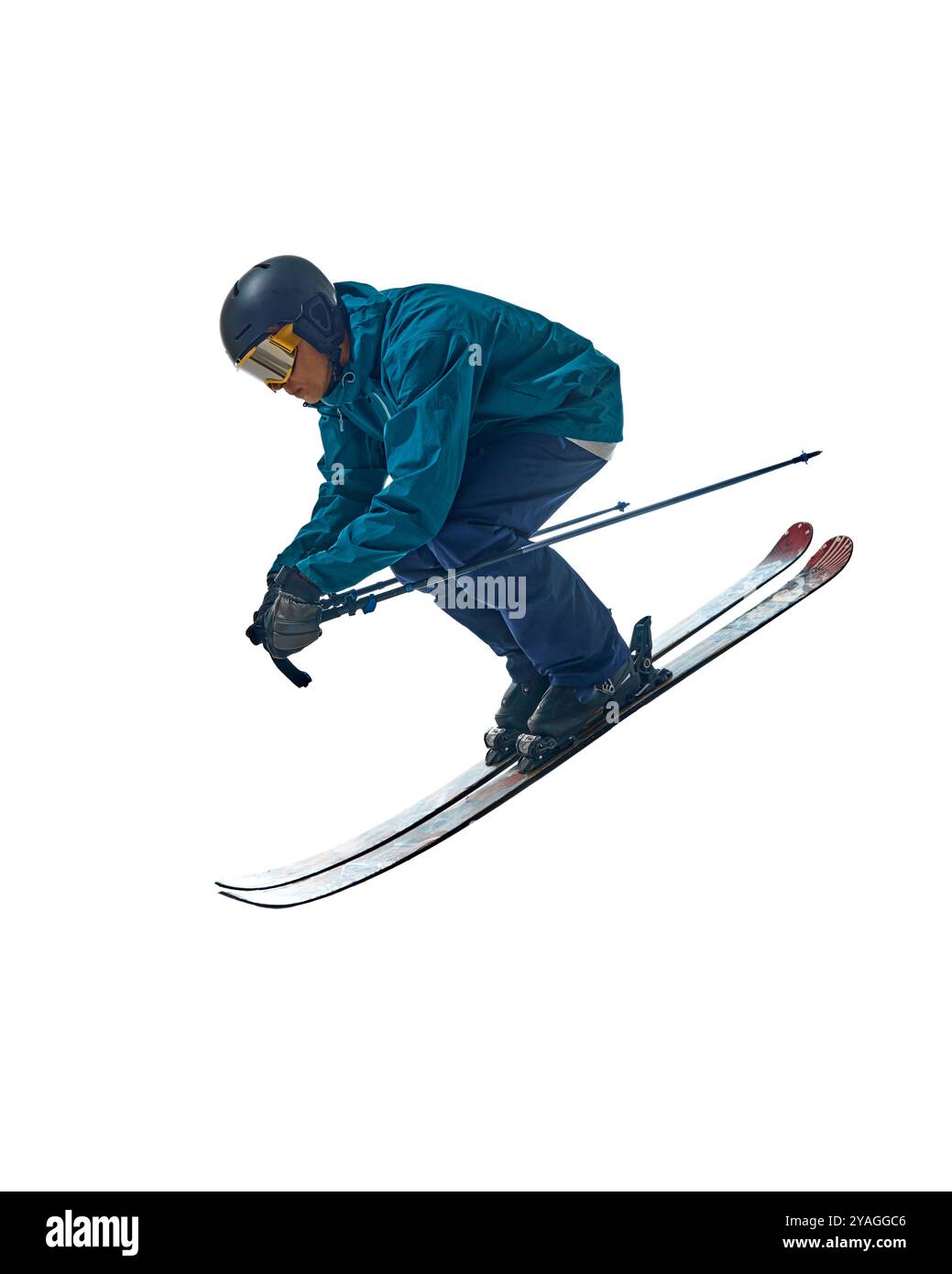 Skier leaps mid-air, skis parallel, executing perfect jump. His body ...