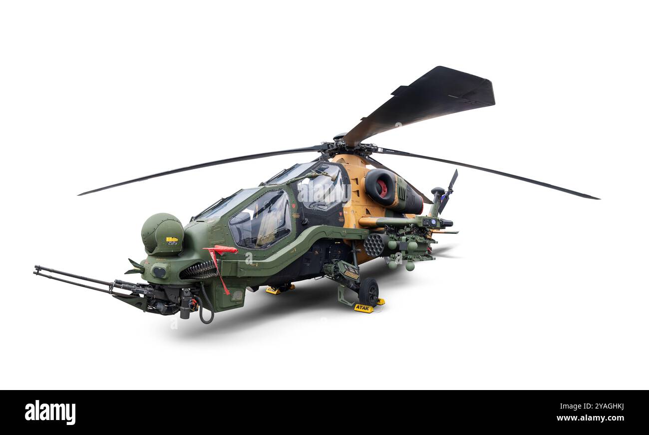 Izmir, Turkey - Sep 28 2024: Side view of a Turkish-made ATAK T129 ...