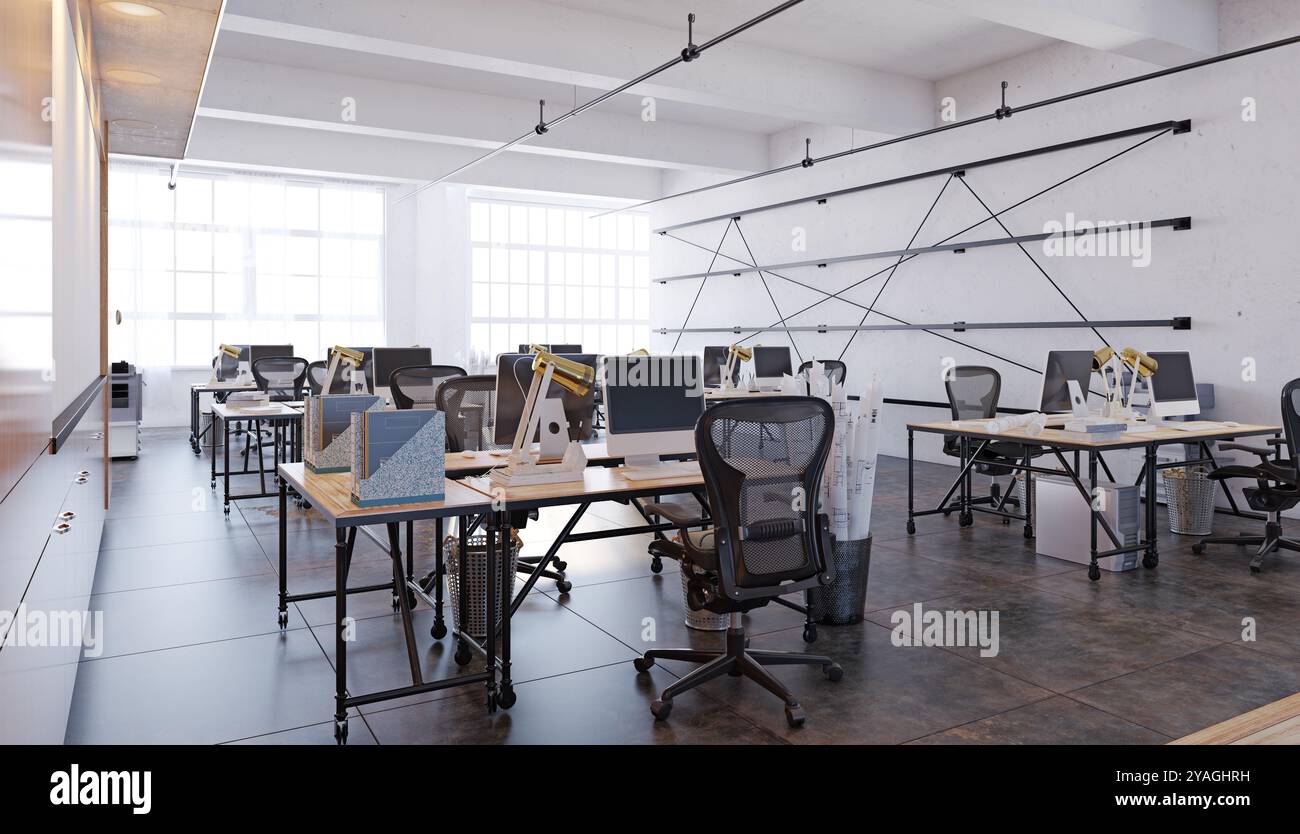 Open industrial office space with modern furnishings, lighting. 3d ...