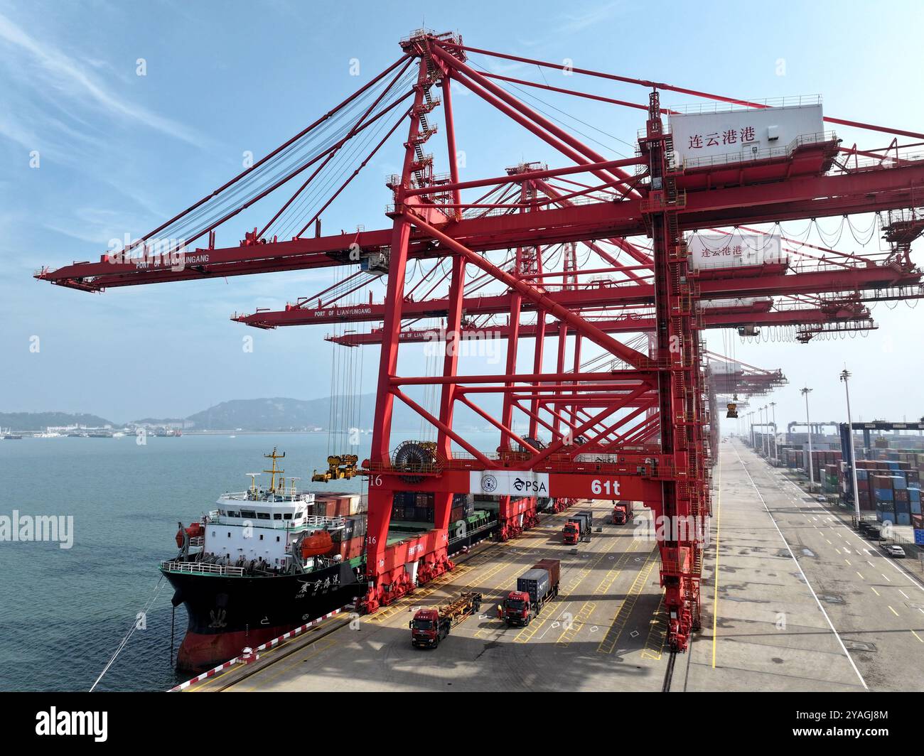 LIANYUNGANG, CHINA - OCTOBER 14, 2024 - Cargo ships dock at the berth ...