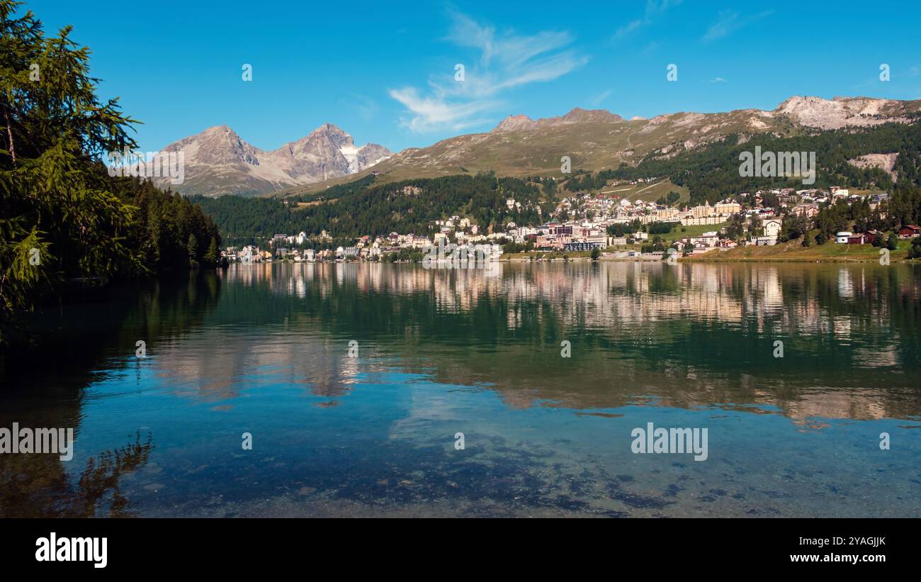 Scenic view on mountain lake of St Moritz with the charming Swiss town ...