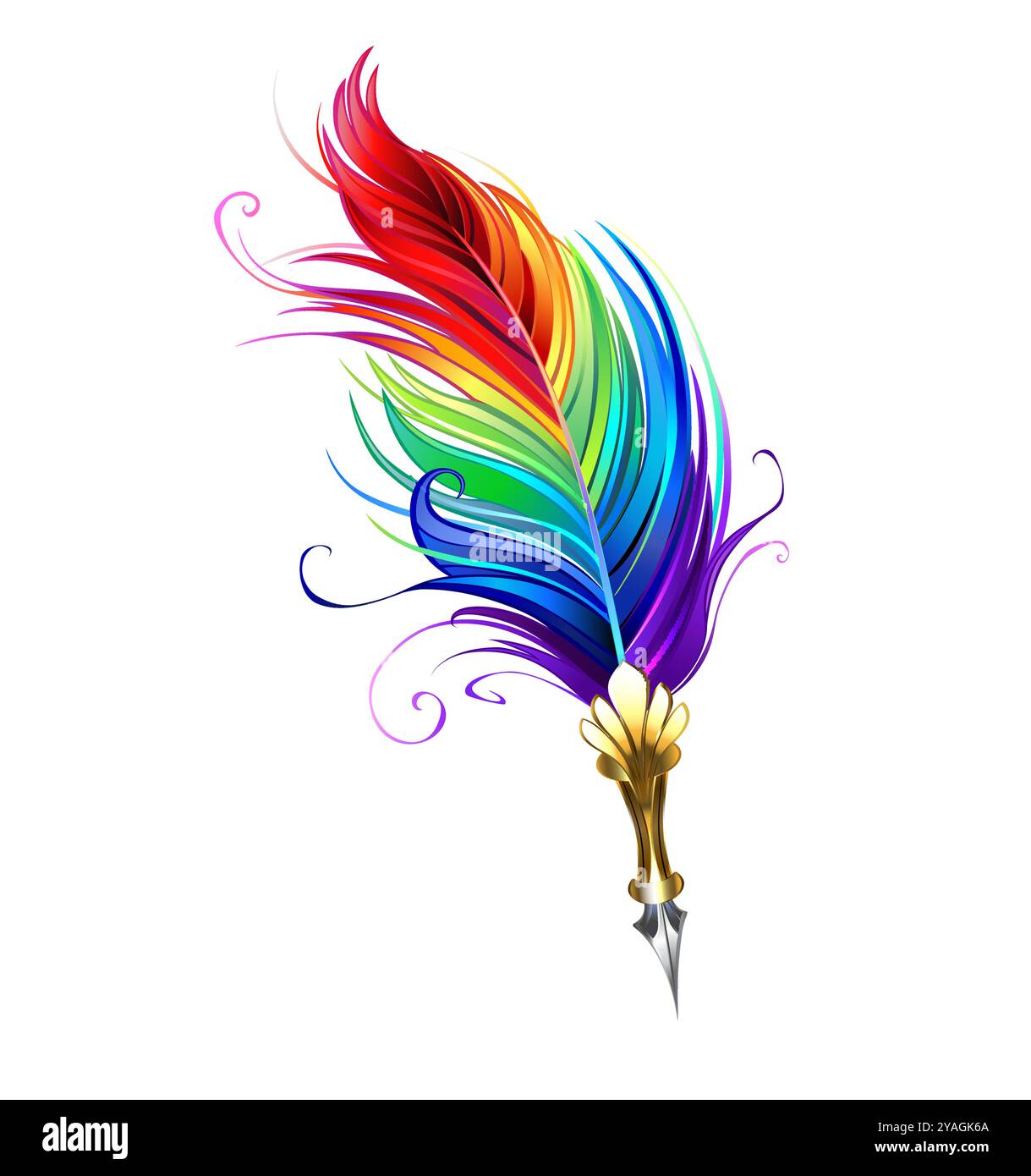 Artistically drawn, antique fountain pen decorated with rainbow, brightly colored feather on ...