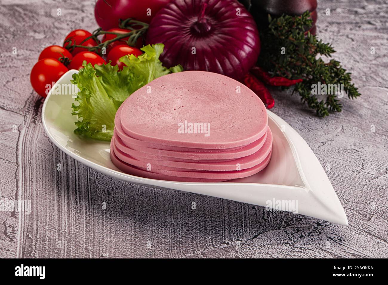 Boiled pork sliced sausage stack for breakfast Stock Photo - Alamy