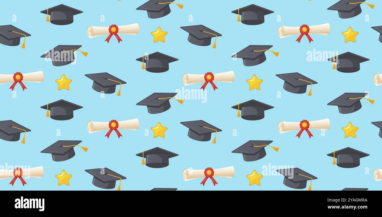 Seamless pattern of graduation caps with gold tassels and yellow stars ...