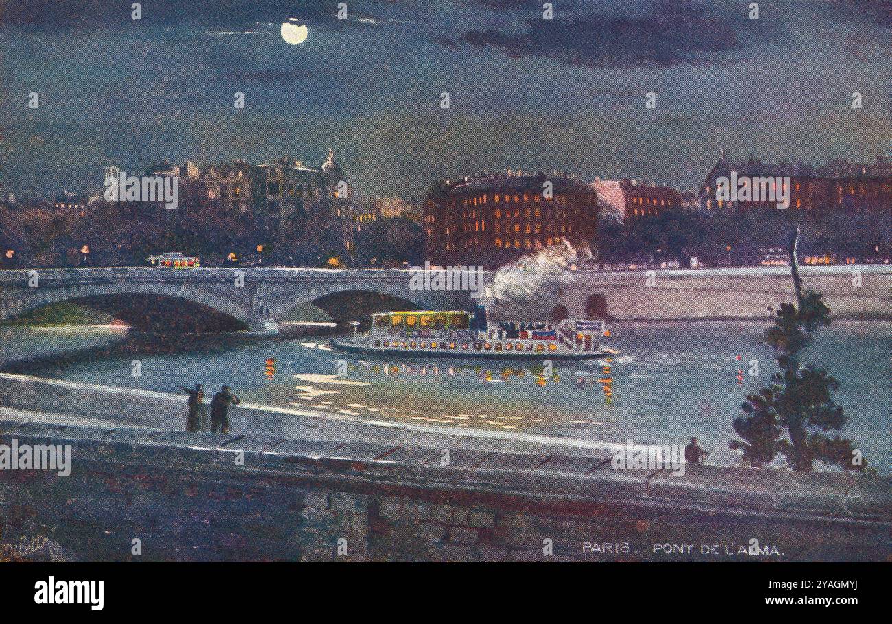 Vintage postcard of the Pont de l'Alma over the River Seine at night in ...