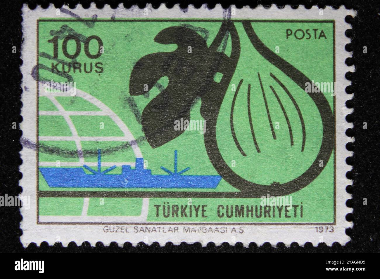 ISTANBUL, TURKEY - DECEMBER 25, 2020: Turkish stamp shows fig and ship ...