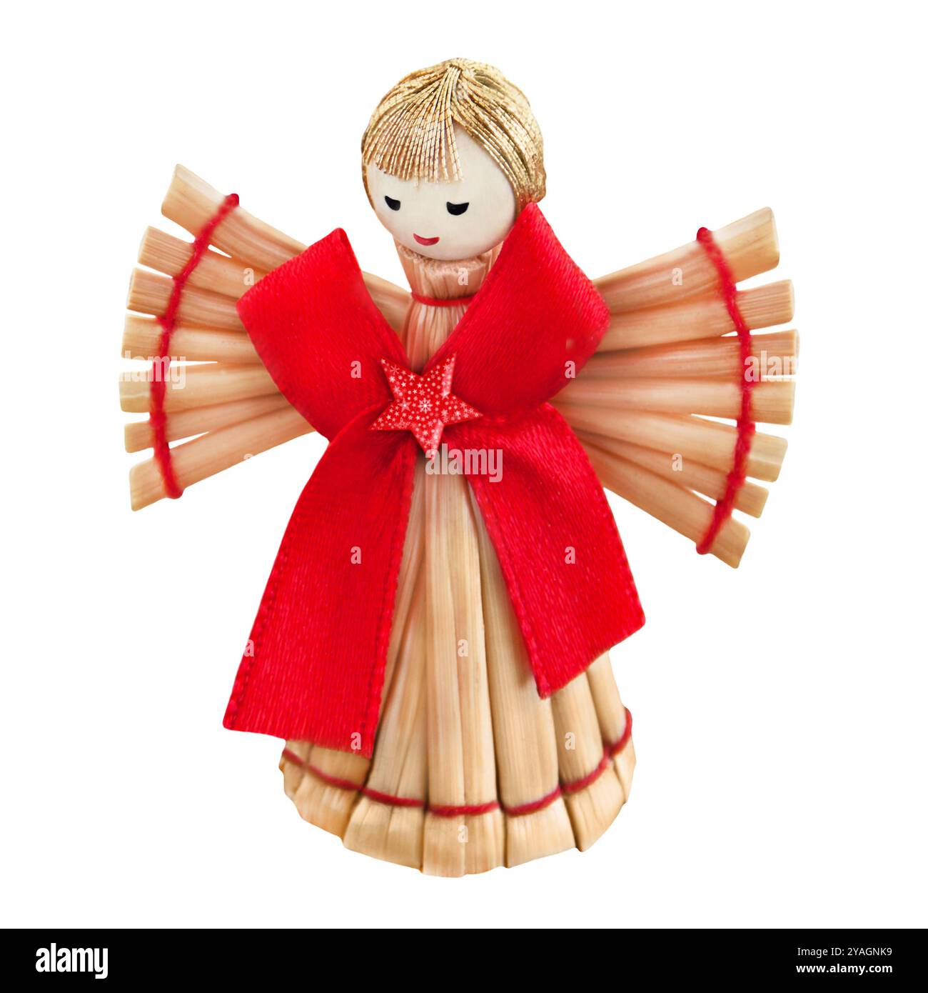 Christmas Straw Angel with red ribbon and star isolated on white ...