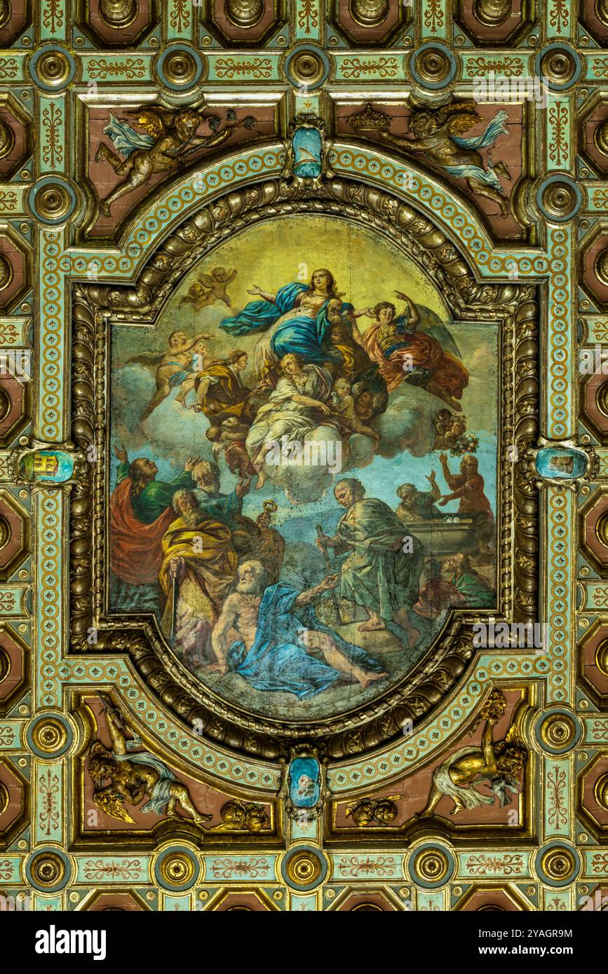 The coffered ceiling and in the center the large canvas depicting the ...