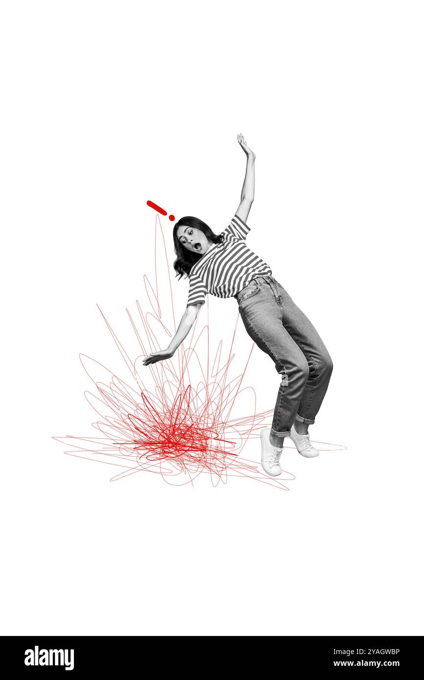 Vertical poster collage young amazed falling girl drawing doodles ...