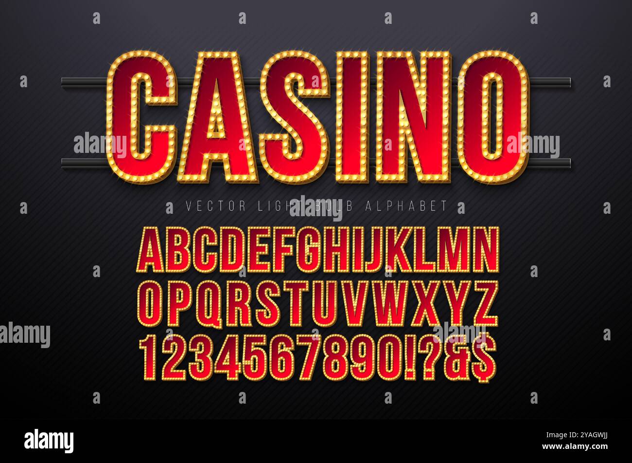 Vector Light Bulb Alphabet with Gold Frame and Shadow on Black ...