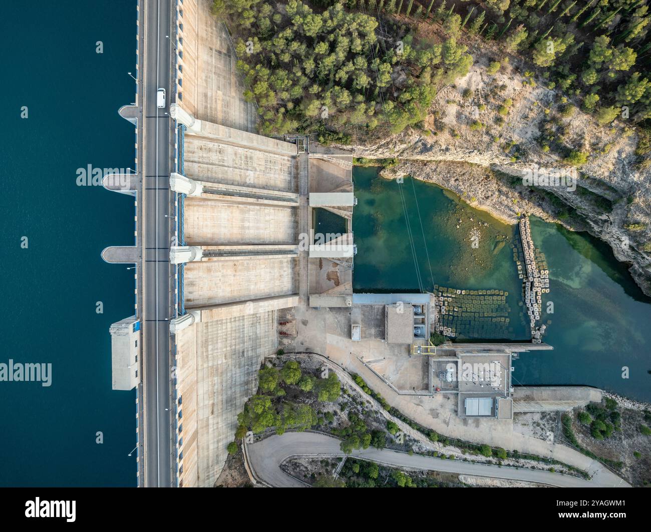 Aerial view of the Alarcón reservoir dam (Cuenca, Castilla-La Mancha ...