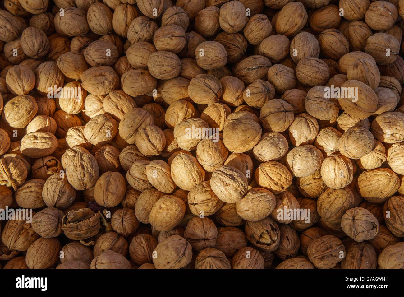 Many walnut brown nuts in shell on the market background pattern Stock ...