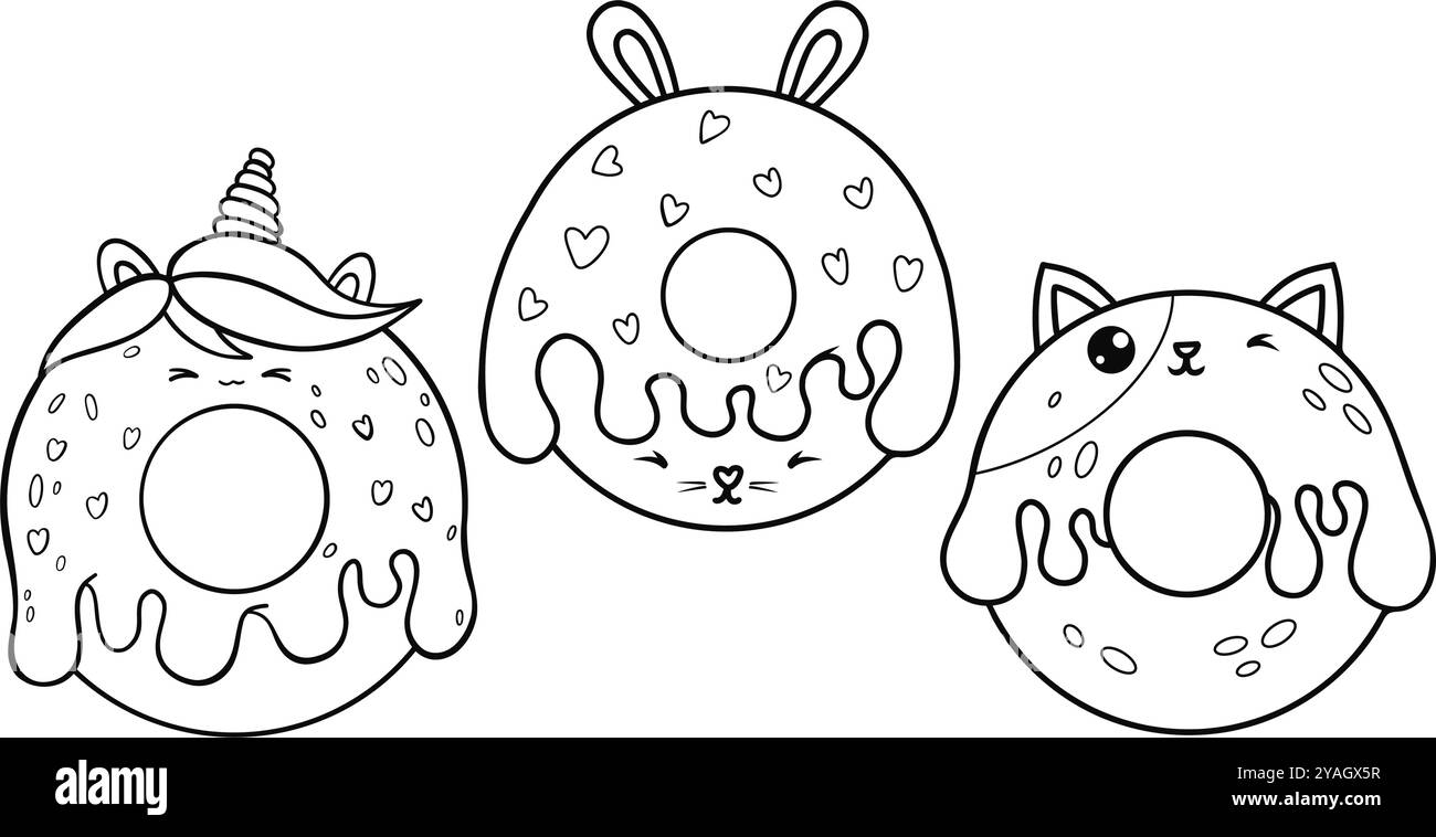 Cute outline donuts cartoon kawaii character unicorn, rabbit and cat ...