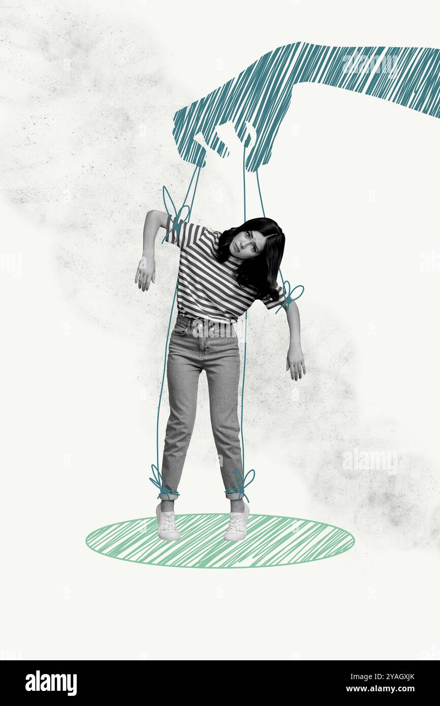 Vertical photo collage of upset girl hand string marionette control ...