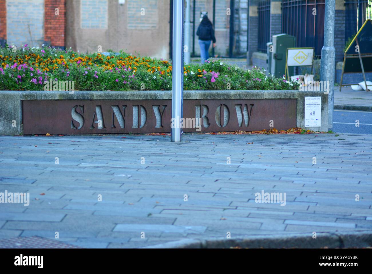 Belfast, United Kingdom 14/10/2024 Sandy Row sign.Threatening messages ...