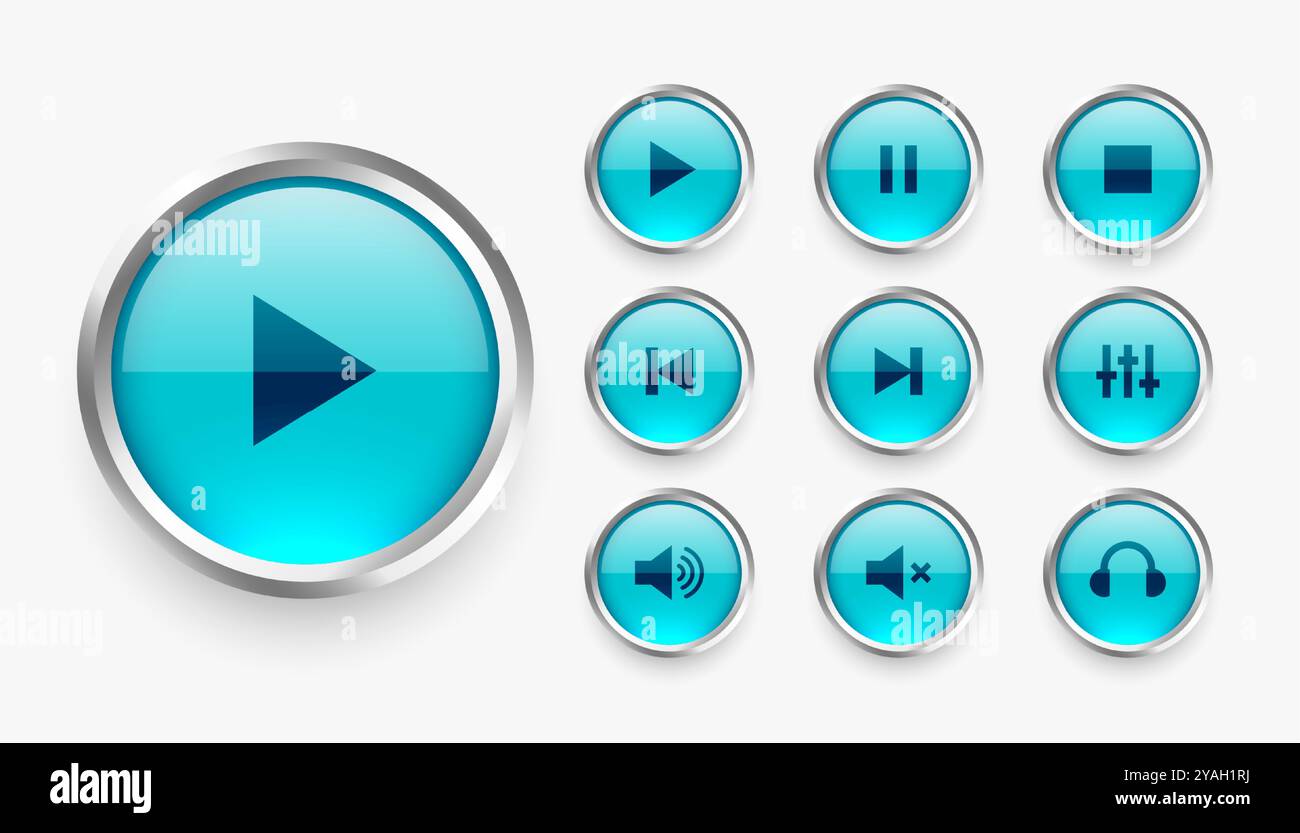 set of multimedia player icon with metallic border design vector Stock ...
