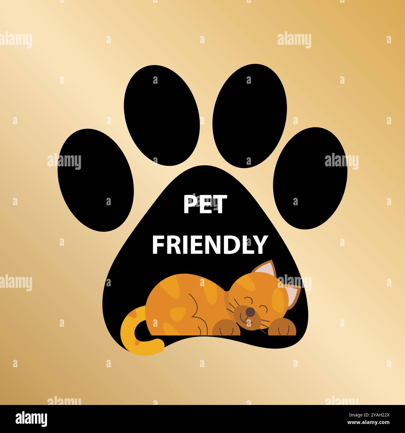 Pet friendly symbol with text, silhouette of a paw and sleeping cat on ...