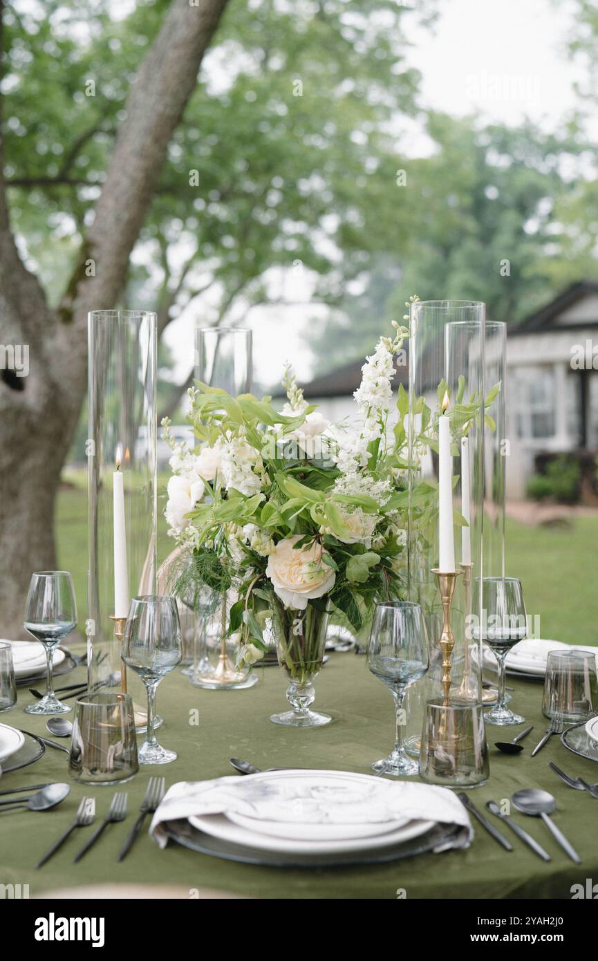 Green Wedding Day Reception Tablescape Centerpieces White Flowers Stock ...