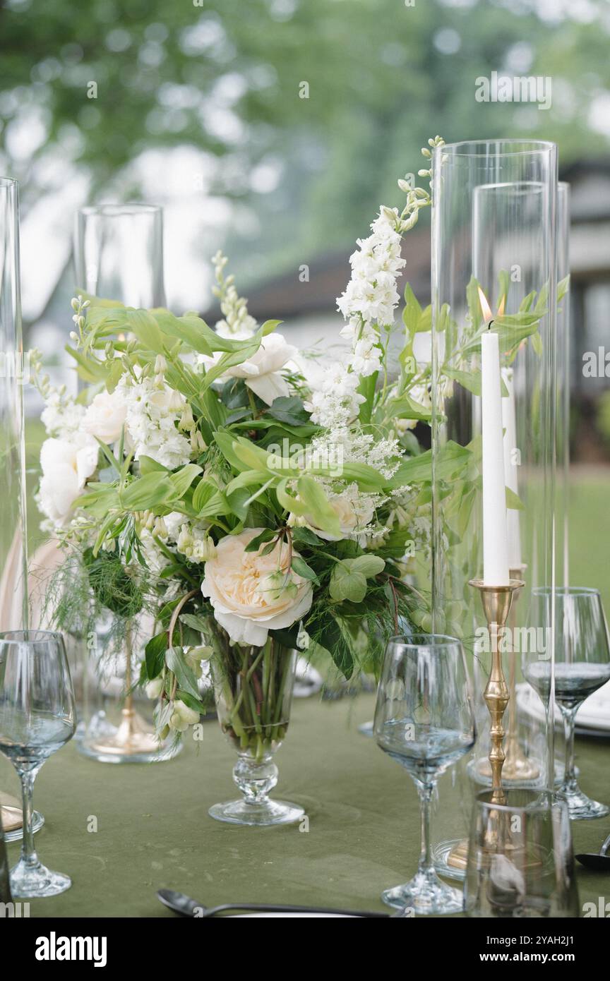 Green Wedding Day Reception Tablescape Centerpieces White Flowers Stock ...