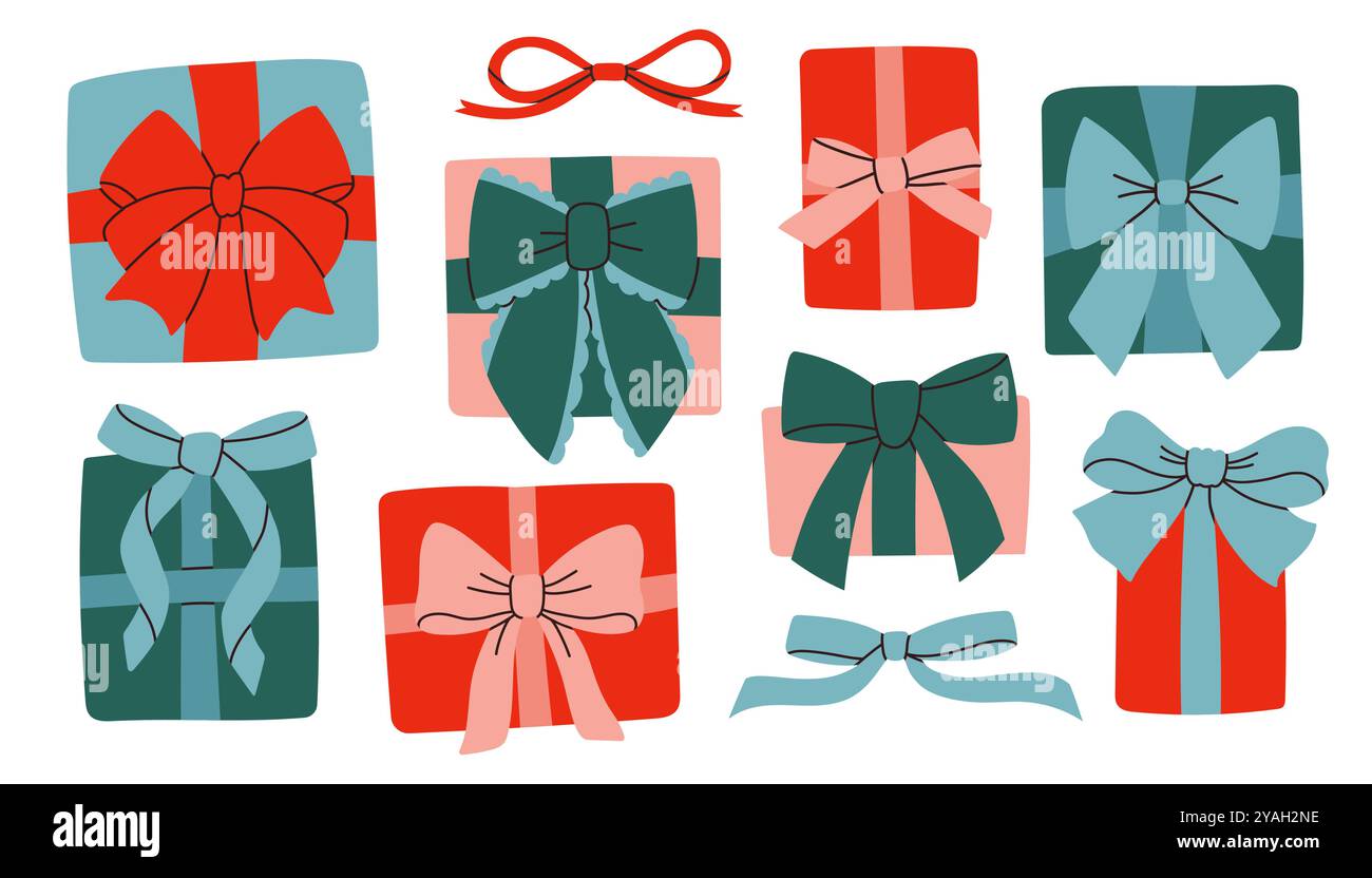 New year present set. Gift boxes with ribbon Set in Trendy Flat style ...